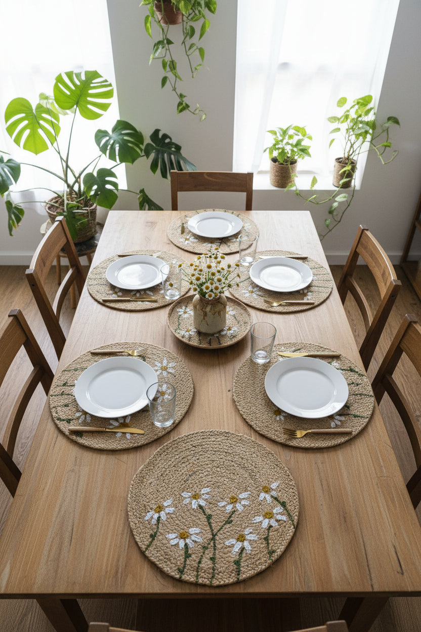 15" Hand-Painted Daisy Jute Table Mats | Braided Natural Jute ...
